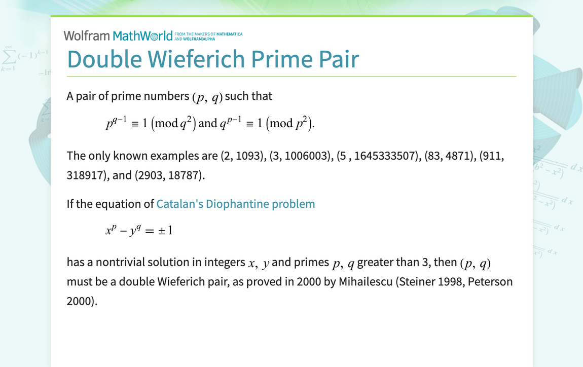 Double Wieferich Prime Pair -- from Wolfram MathWorld