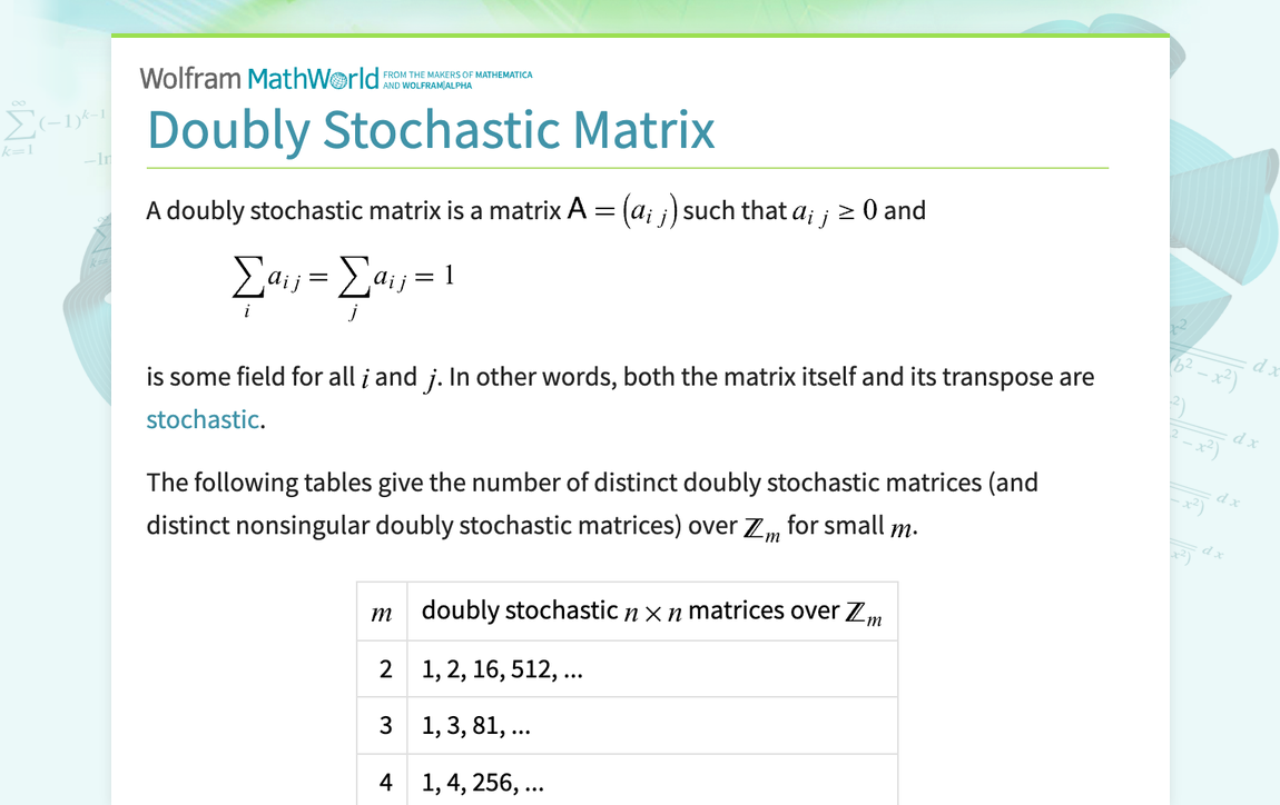 Doubly Stochastic Matrix From Wolfram Mathworld