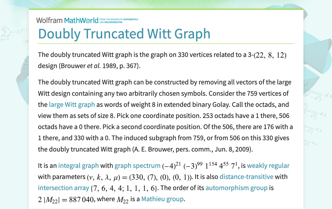 Doubly Truncated Witt Graph -- from Wolfram MathWorld