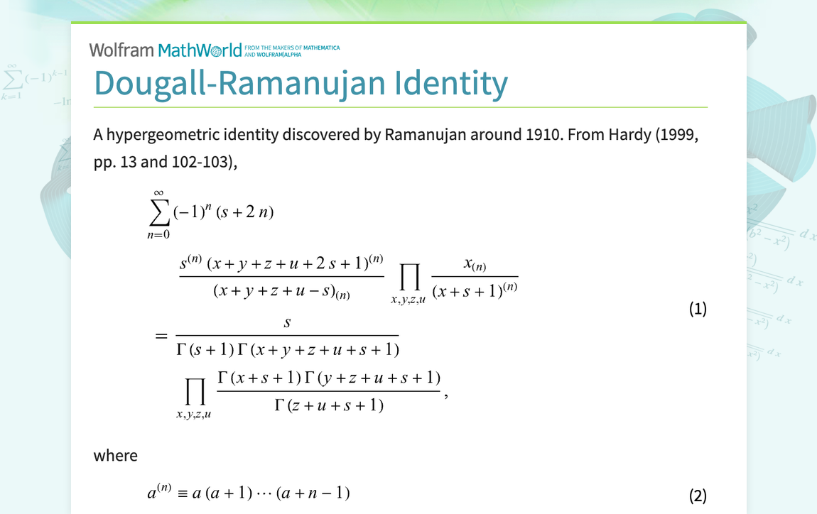 Dougall-Ramanujan Identity -- from Wolfram MathWorld