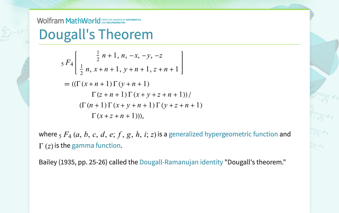 Dougall's Theorem -- from Wolfram MathWorld