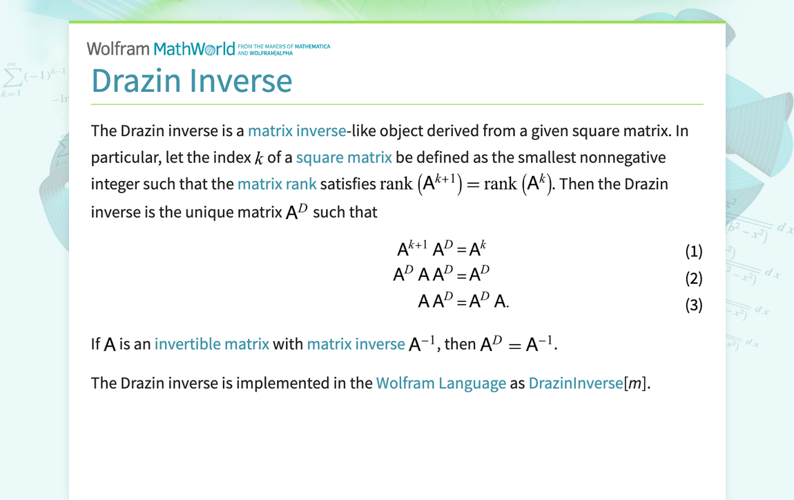 Drazin Inverse -- from Wolfram MathWorld