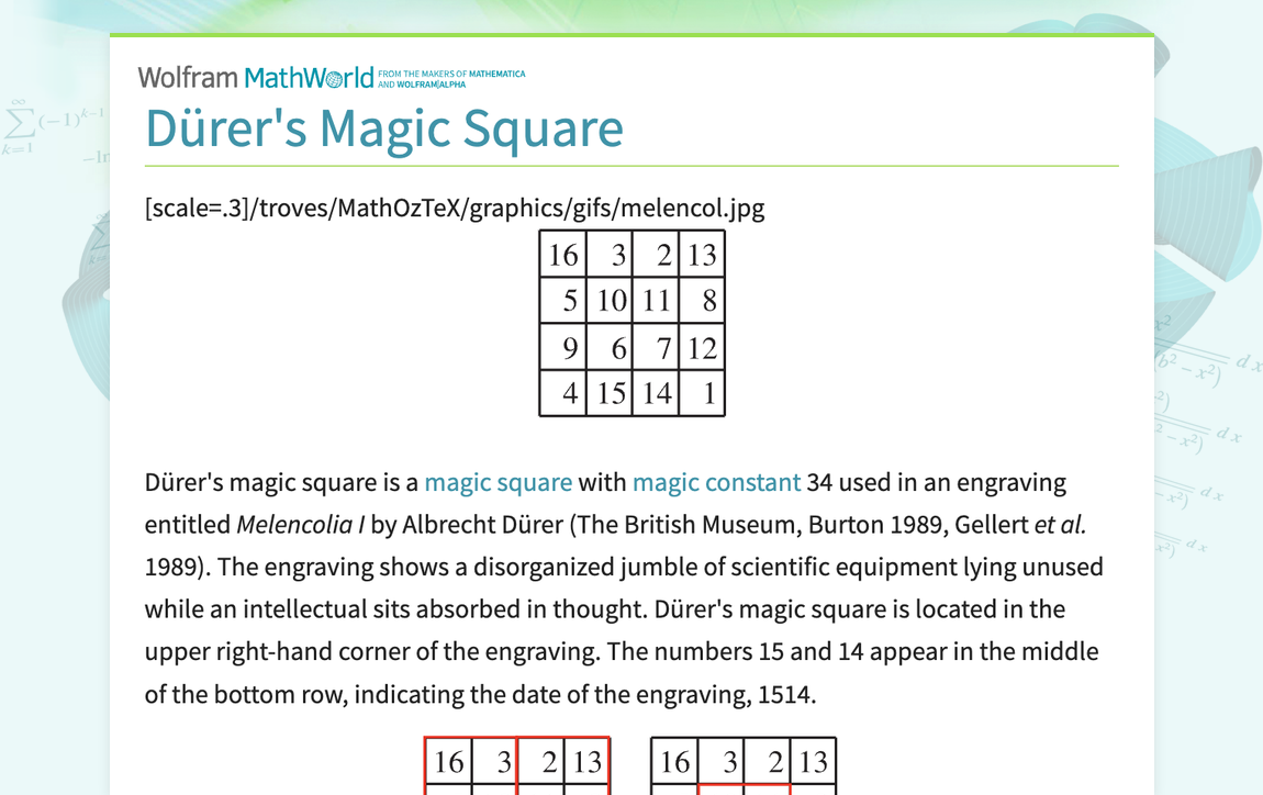 Dürer's Magic Square -- from Wolfram MathWorld