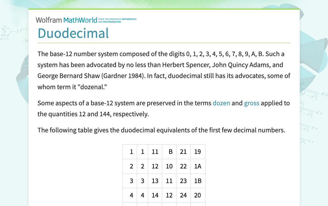 Duodecimal -- from Wolfram MathWorld