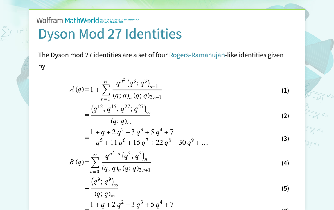 Dyson Mod 27 Identities -- from Wolfram MathWorld