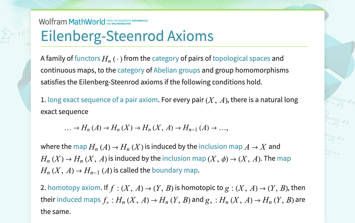 Eilenberg-Steenrod Axioms -- from Wolfram MathWorld