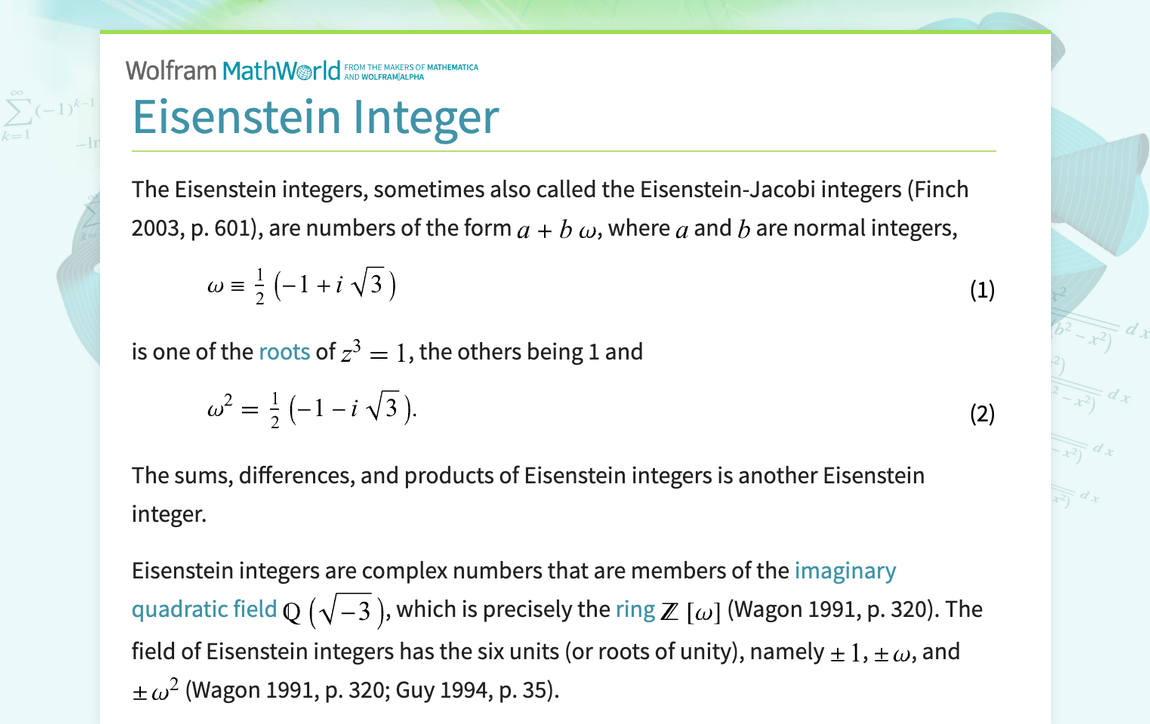 Eisenstein Integer -- from Wolfram MathWorld Eisenstein Integer -- from Wolfram MathWorld