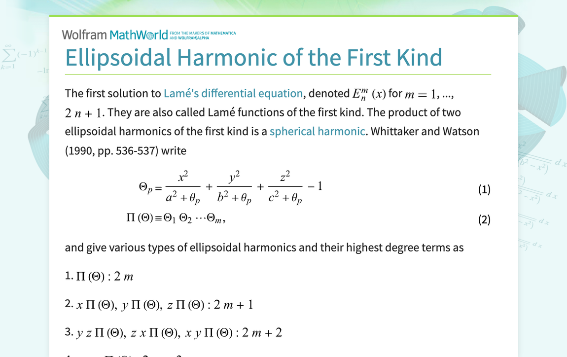 Ellipsoidal Harmonic of the First Kind -- from Wolfram MathWorld