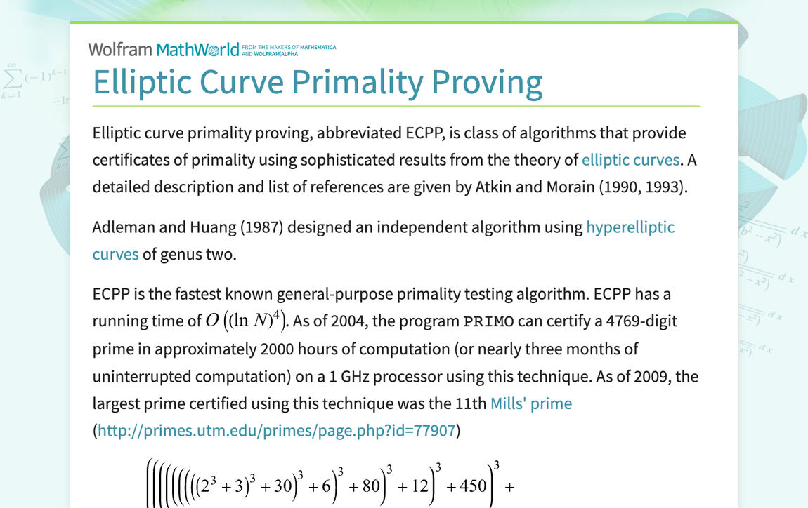 Elliptic Curve Primality Proving From Wolfram Mathworld