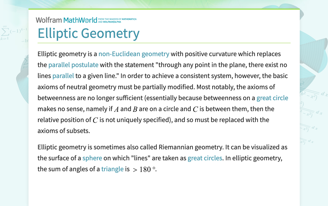 Elliptic Geometry From Wolfram Mathworld