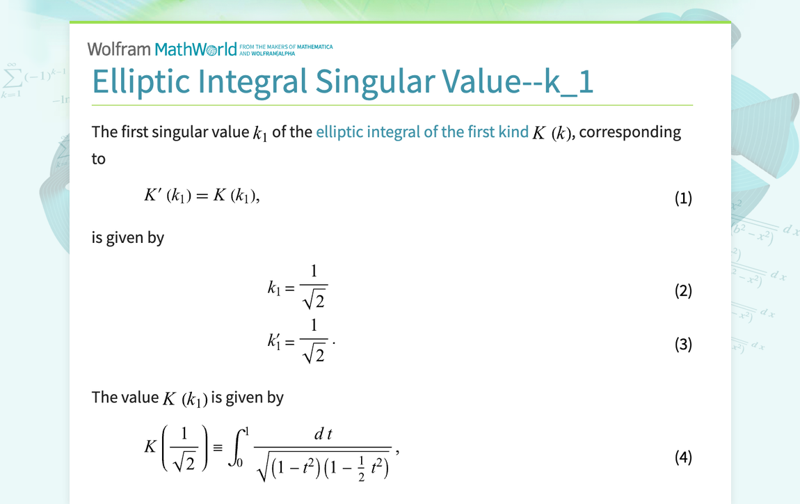 Elliptic Integral Singular Value--k_1 -- from Wolfram MathWorld