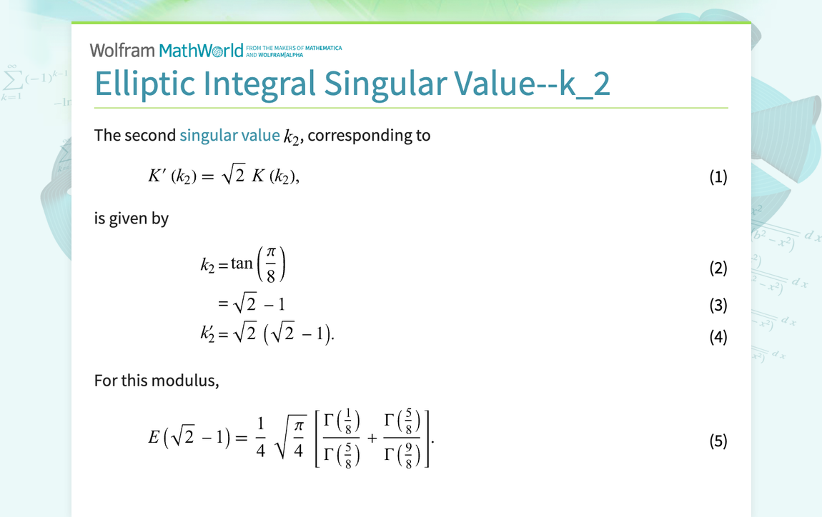 Elliptic Integral Singular Value--k_2 -- from Wolfram MathWorld