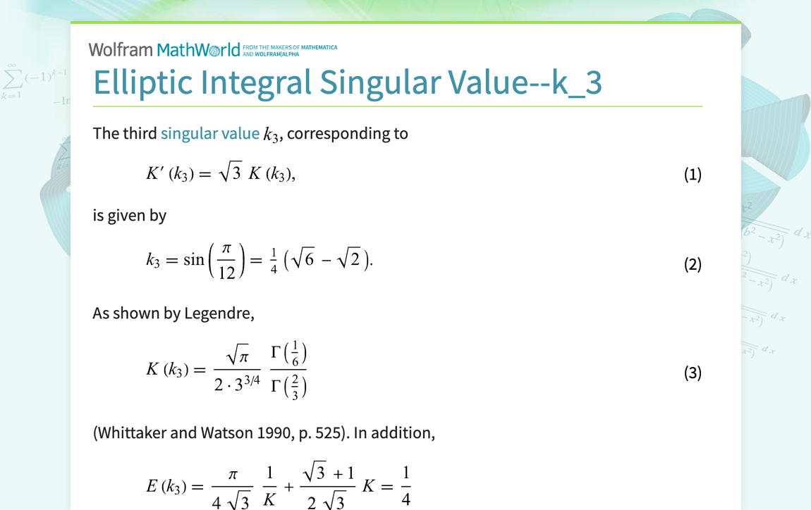 Elliptic Integral Singular Value--k_3 -- from Wolfram MathWorld