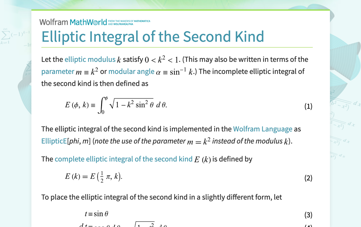 Elliptic Integral of the Second Kind -- from Wolfram MathWorld