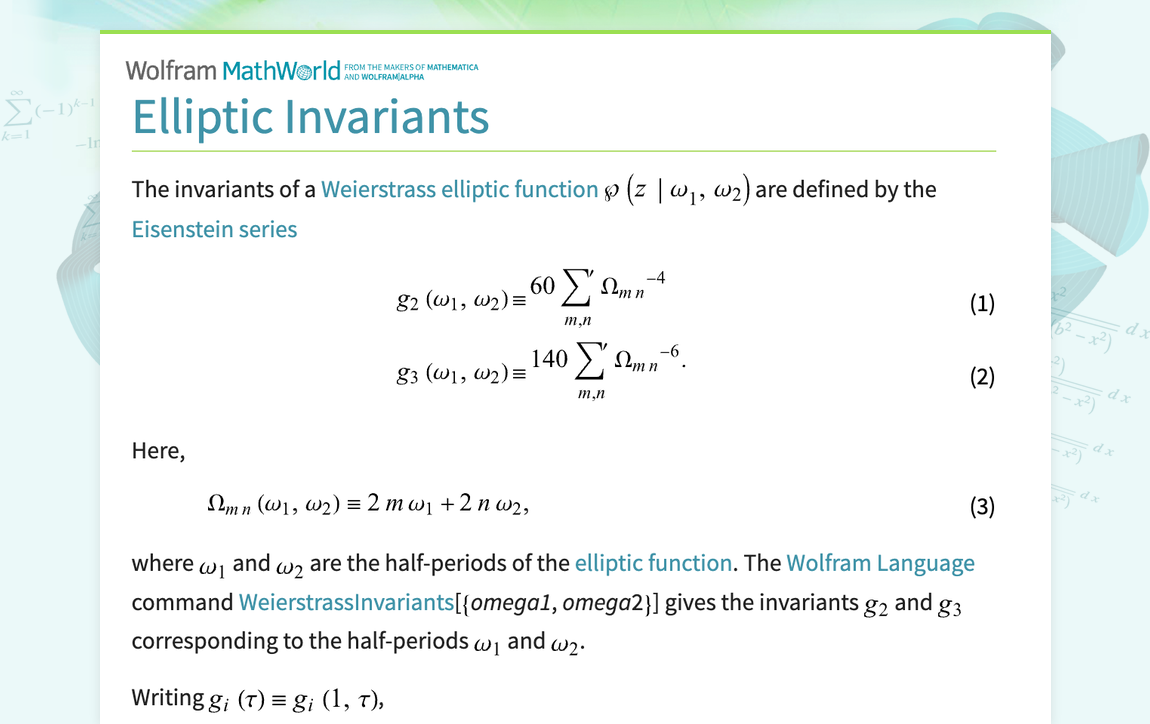 Elliptic Invariants -- from Wolfram MathWorld