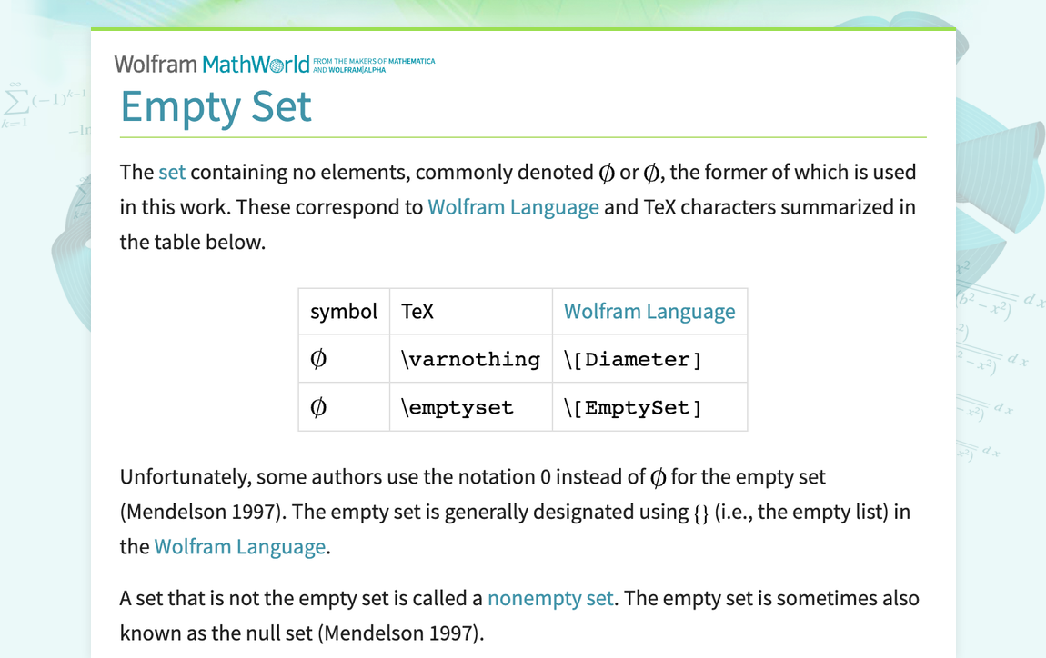 Empty Set -- from Wolfram MathWorld