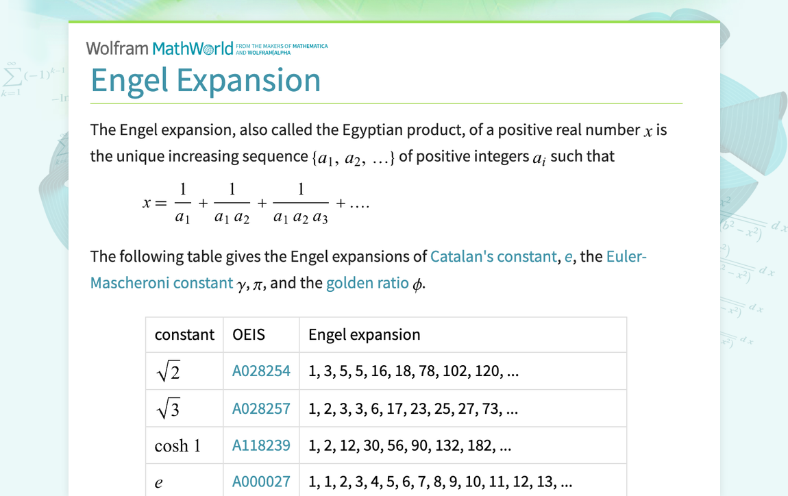Engel Expansion -- from Wolfram MathWorld