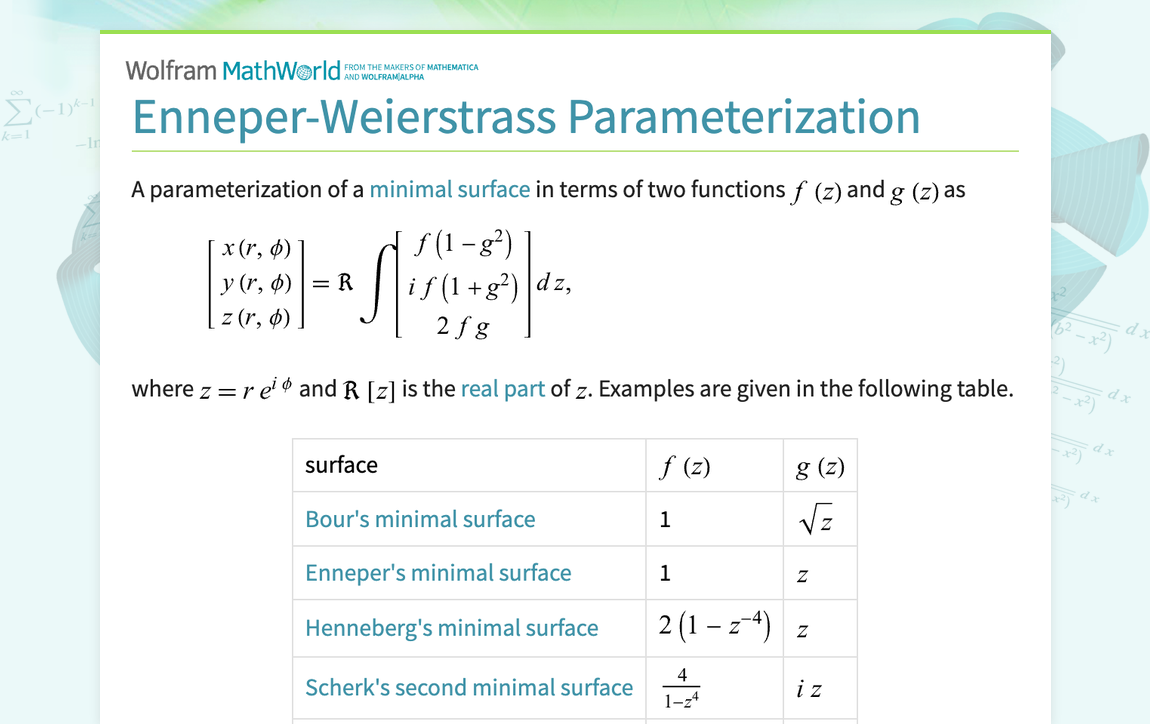 Enneper-Weierstrass Parameterization -- from Wolfram MathWorld