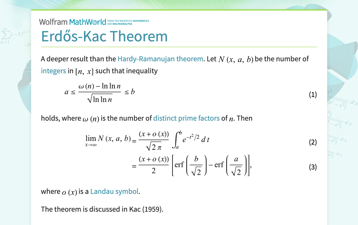 Erdős-Kac Theorem -- from Wolfram MathWorld