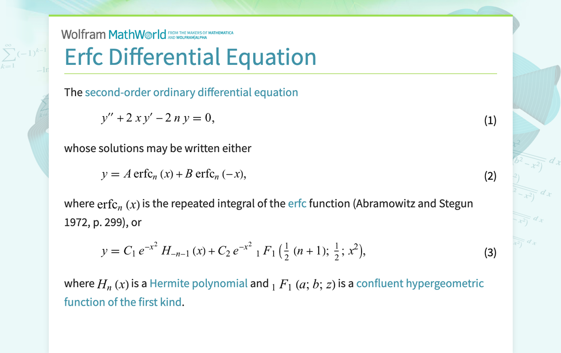 Erfc Differential Equation -- from Wolfram MathWorld