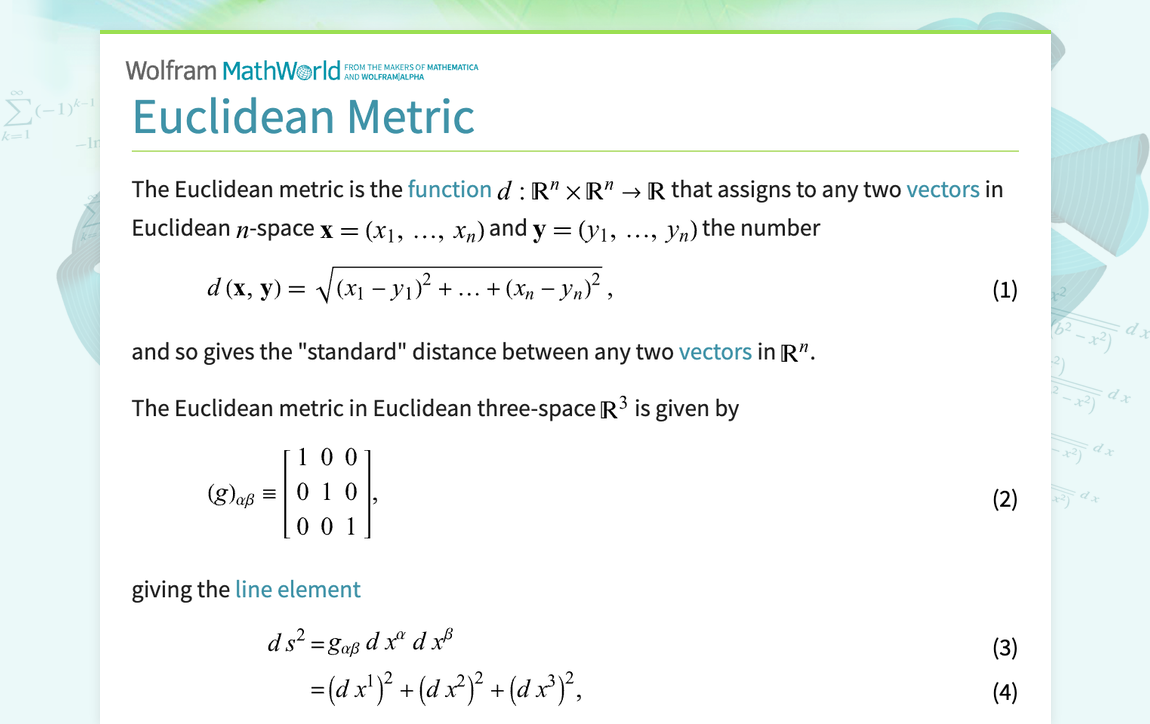 Euclidean Metric From Wolfram Mathworld