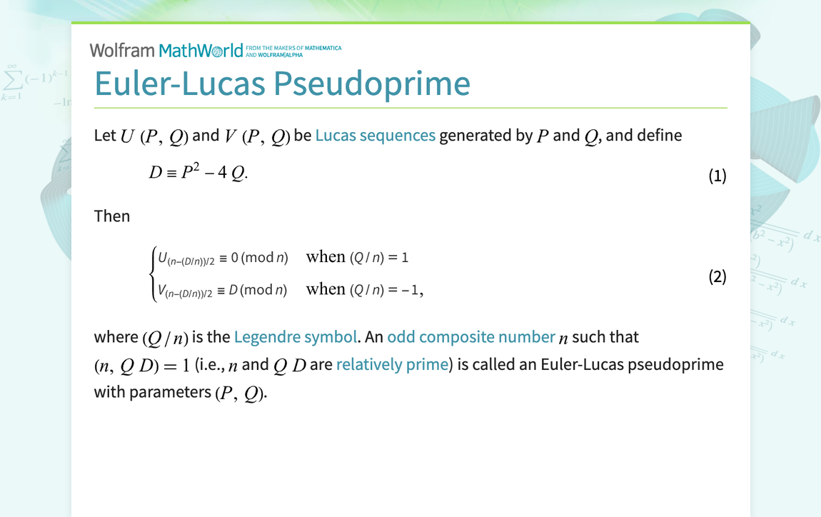 Euler-Lucas Pseudoprime -- from Wolfram MathWorld