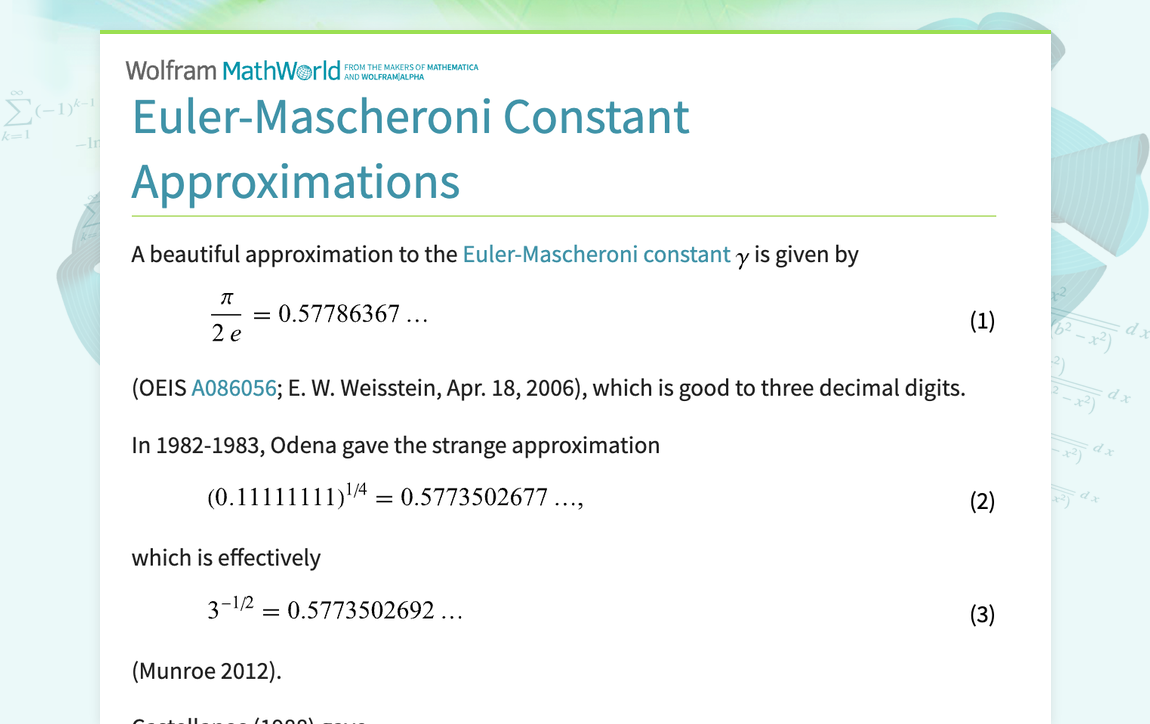 Euler-Mascheroni Constant Approximations -- from Wolfram MathWorld