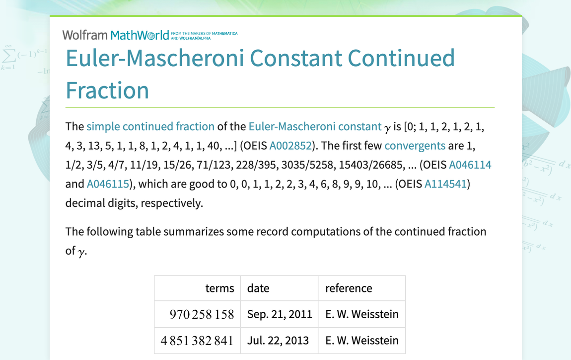Euler-Mascheroni Constant Continued Fraction -- from Wolfram MathWorld