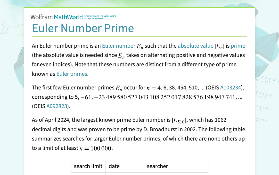 Euler Number Prime -- from Wolfram MathWorld