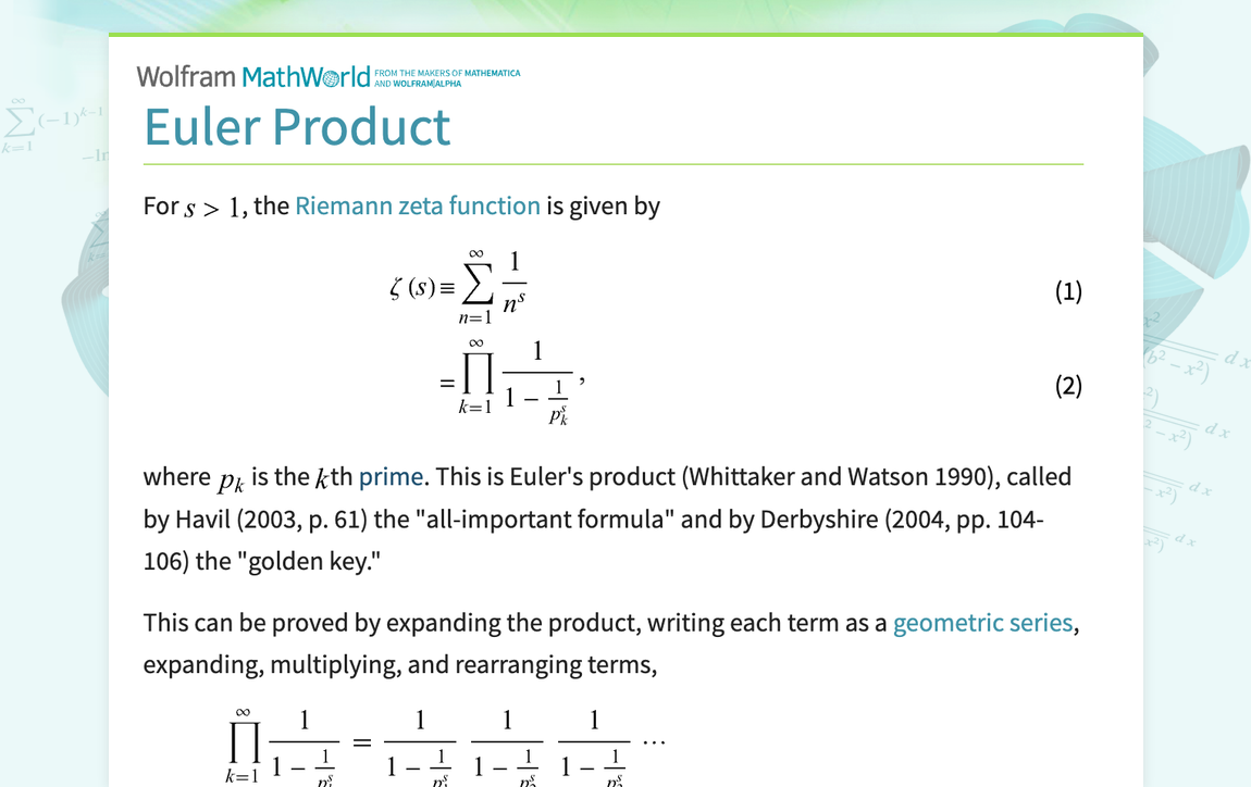 Euler Product -- from Wolfram MathWorld