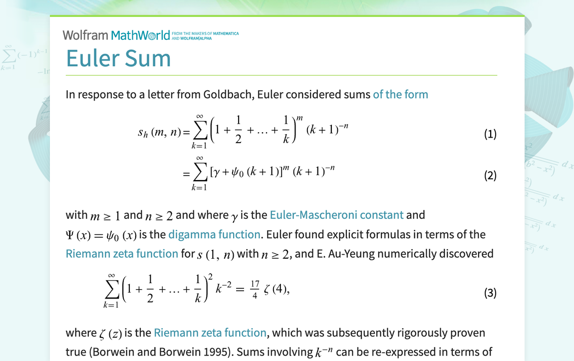 Euler Sum From Wolfram Mathworld