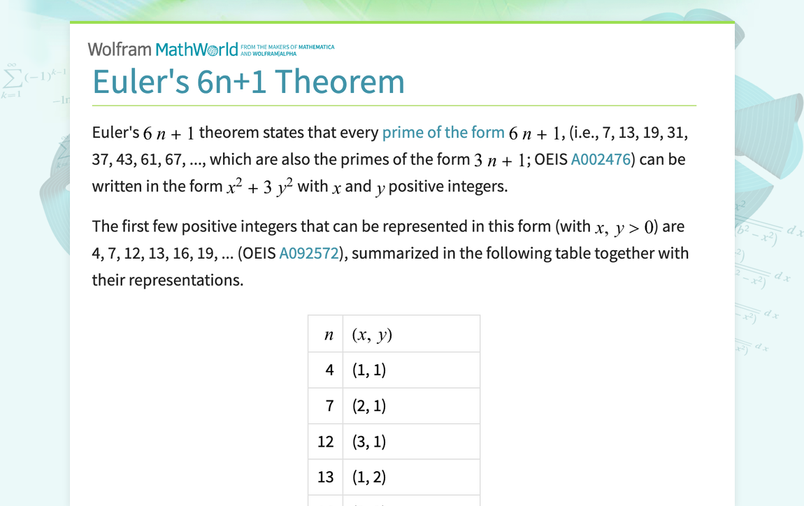 Euler's 6n+1 Theorem -- from Wolfram MathWorld