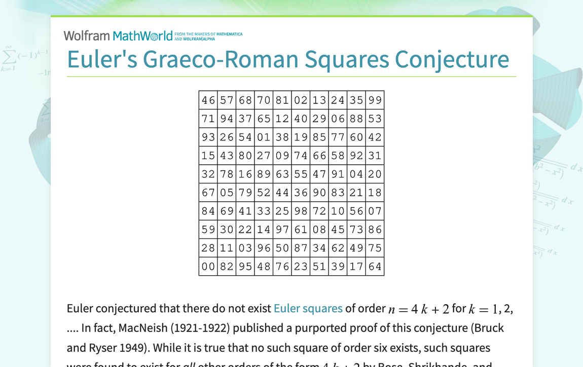 Euler's Graeco-Roman Squares Conjecture -- from Wolfram MathWorld