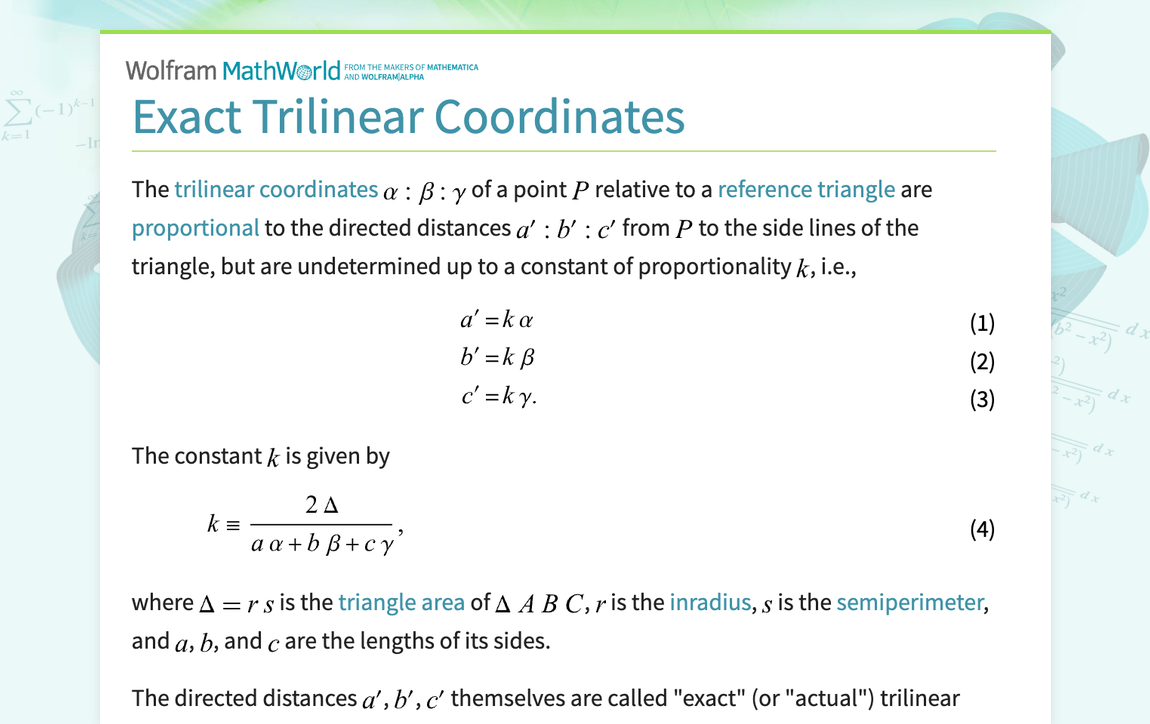 Exact Trilinear Coordinates -- from Wolfram MathWorld