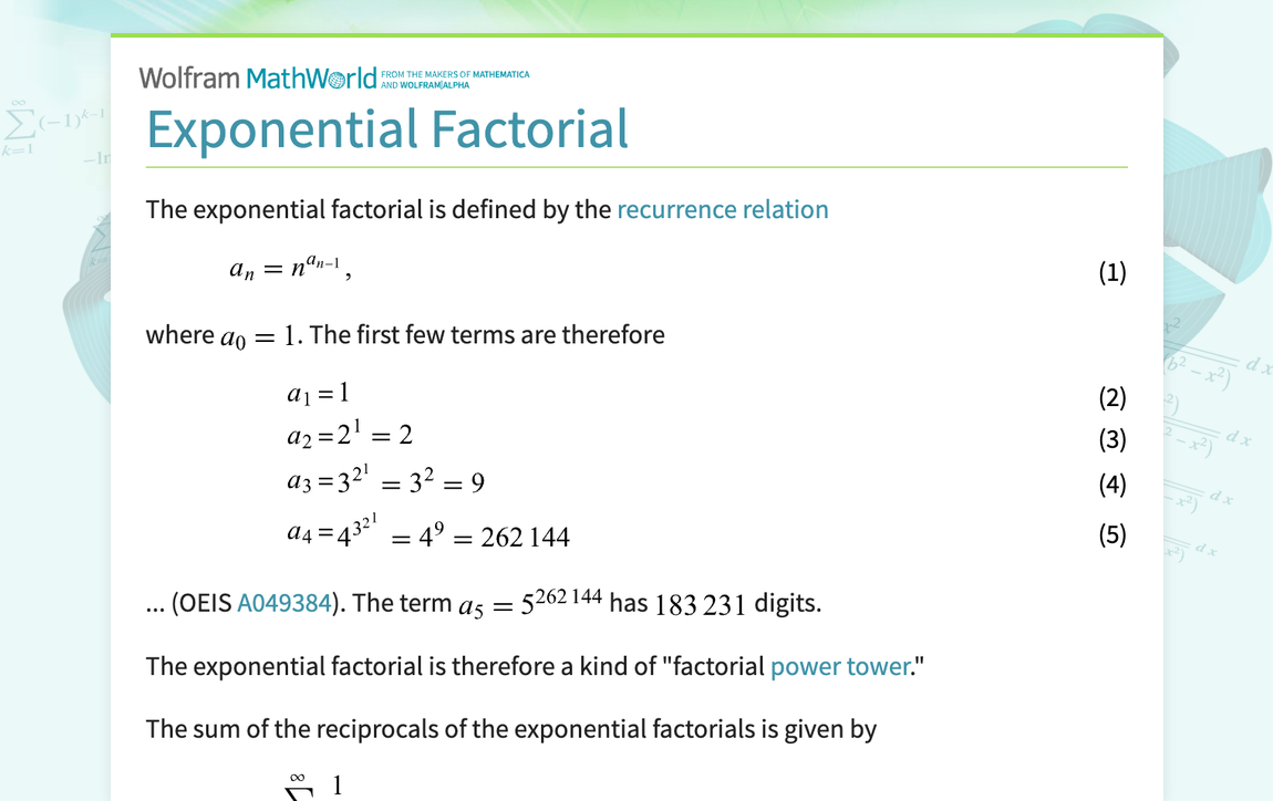 Exponential Factorial -- from Wolfram MathWorld