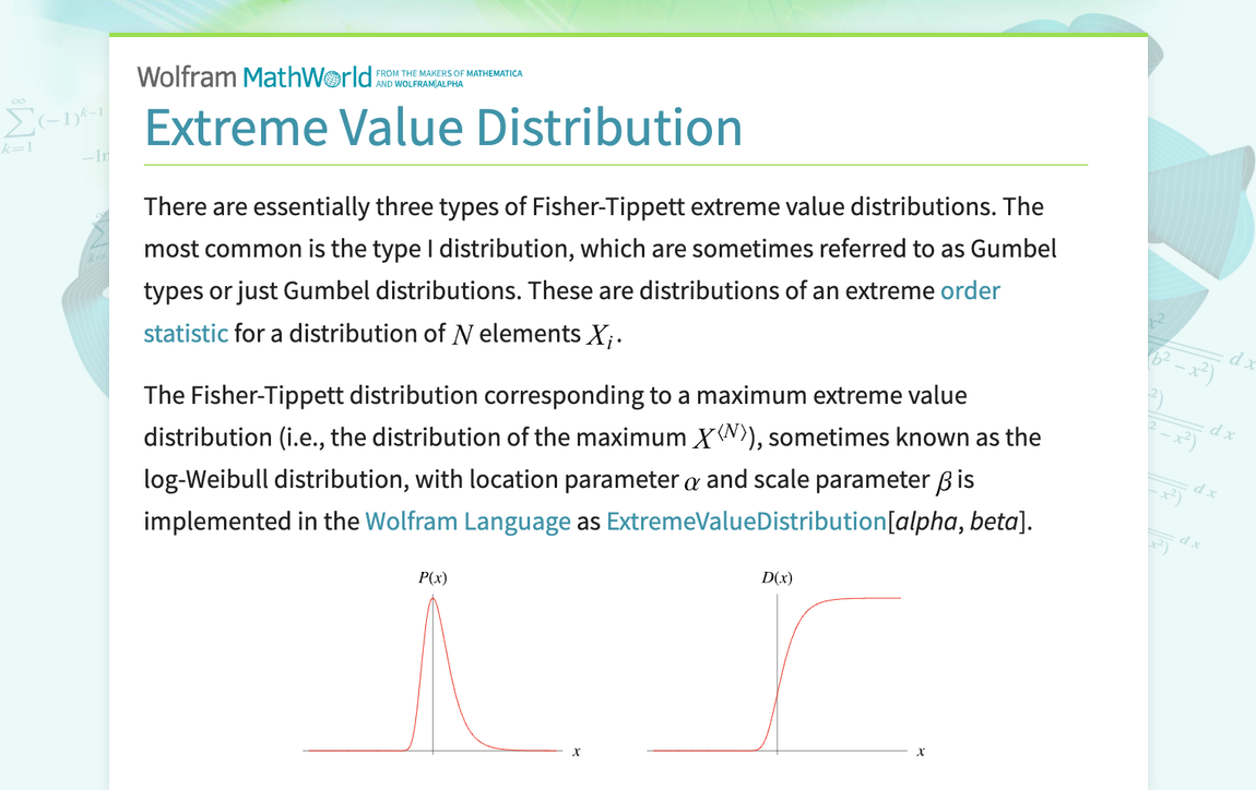Extreme Value Distribution -- from Wolfram MathWorld