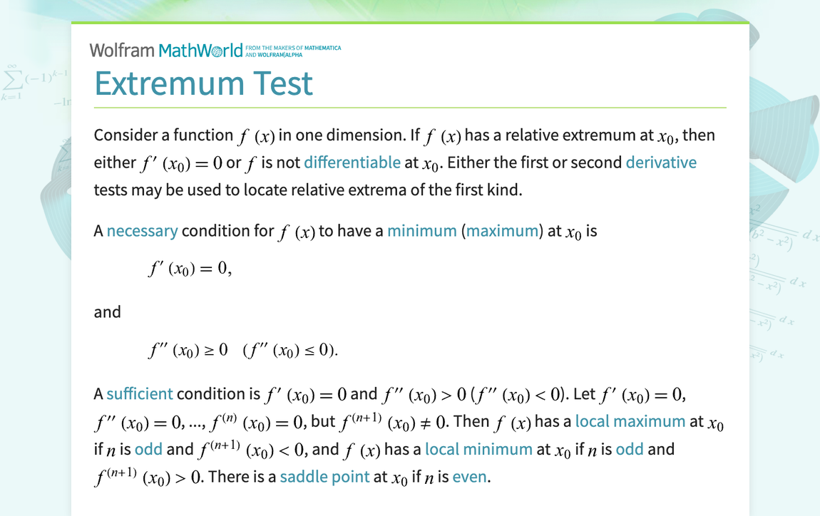 Extremum Test -- from Wolfram MathWorld