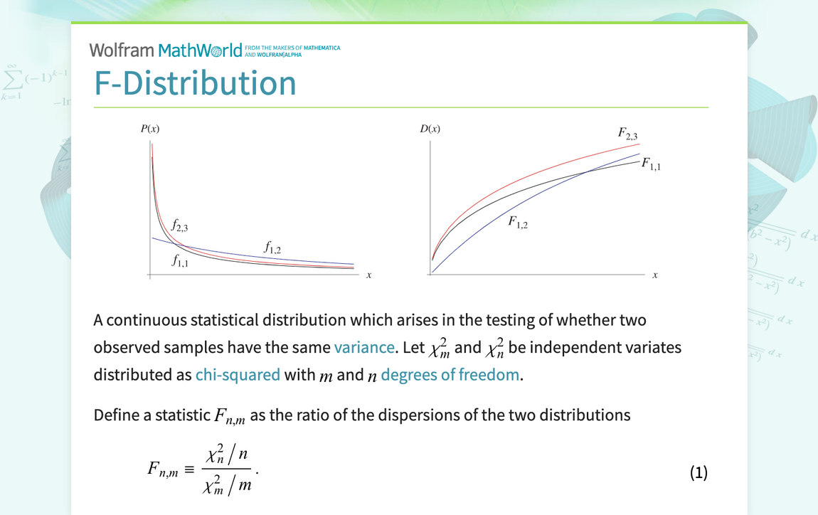 F Distribution From Wolfram Mathworld