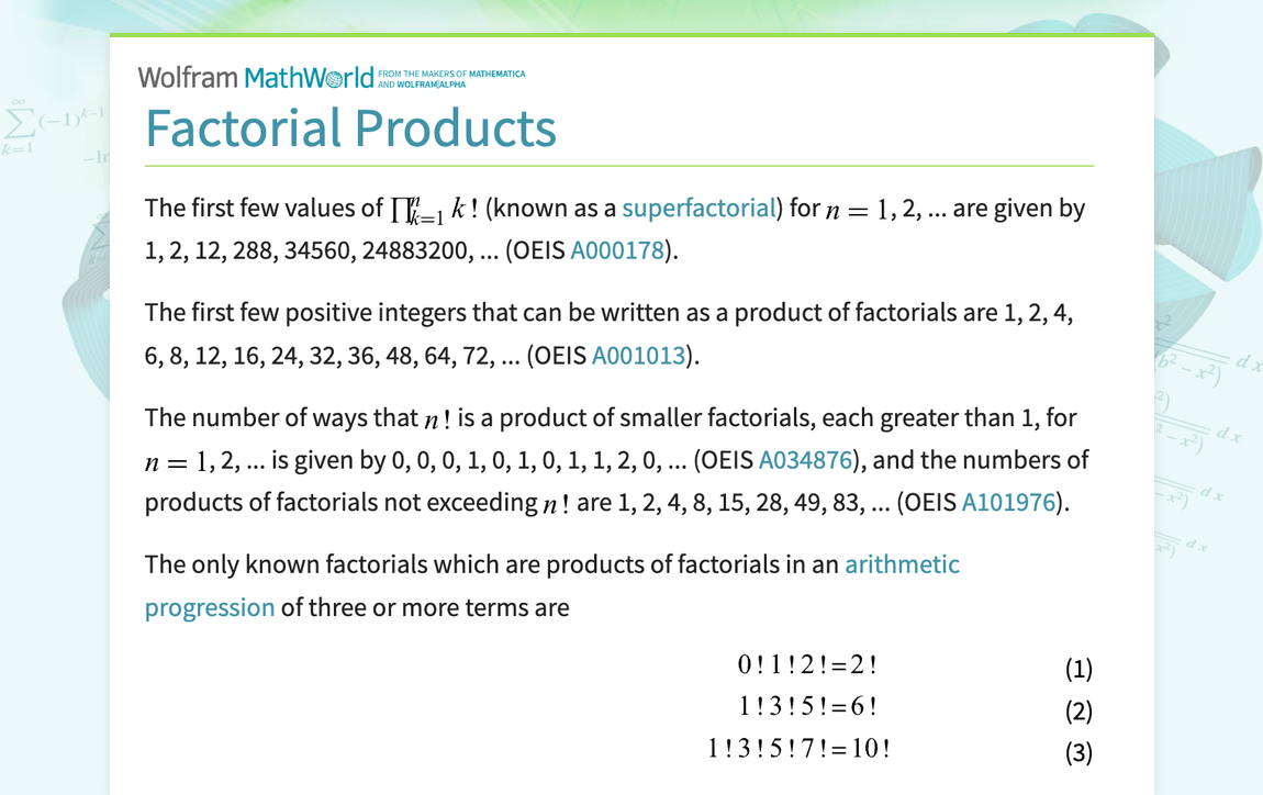 Factorial Products -- from Wolfram MathWorld