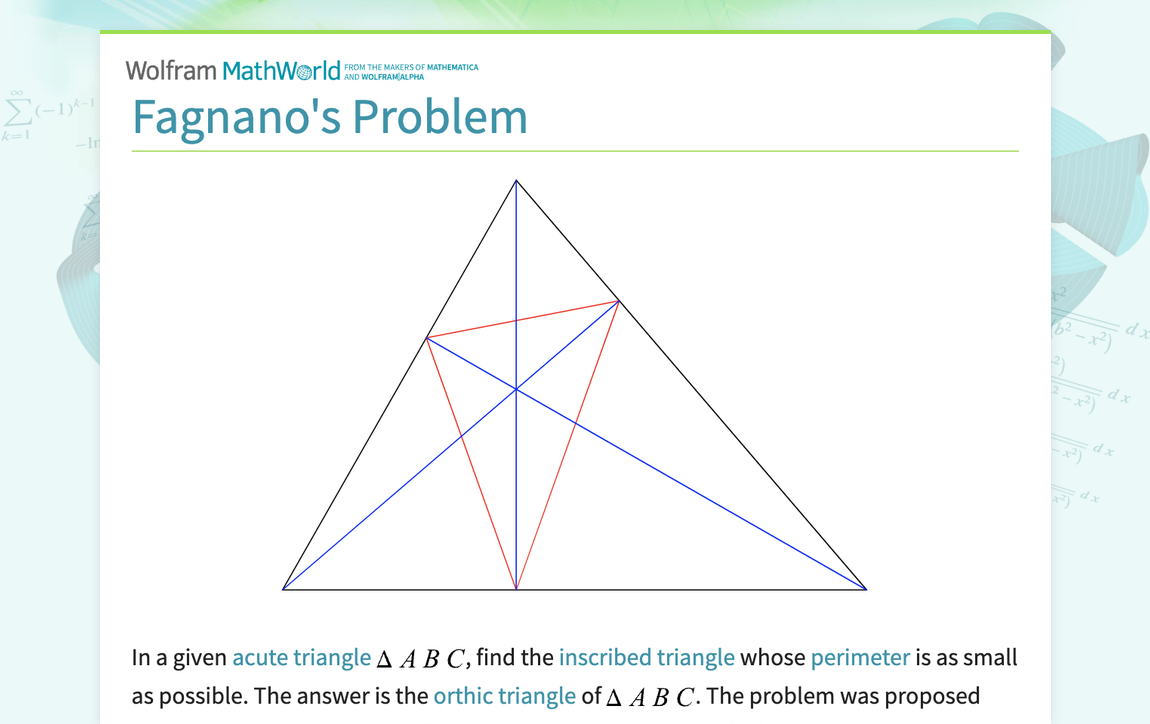 Fagnano's Problem -- from Wolfram MathWorld