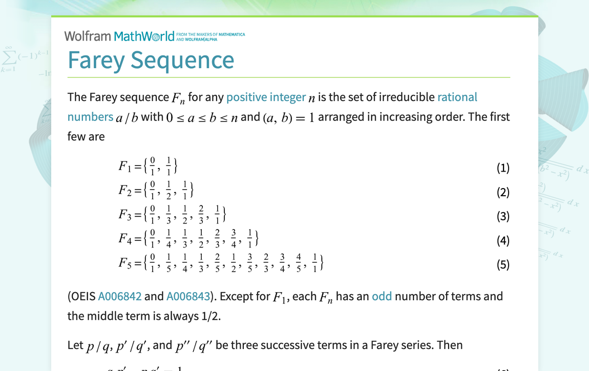 Farey Sequence -- from Wolfram MathWorld
