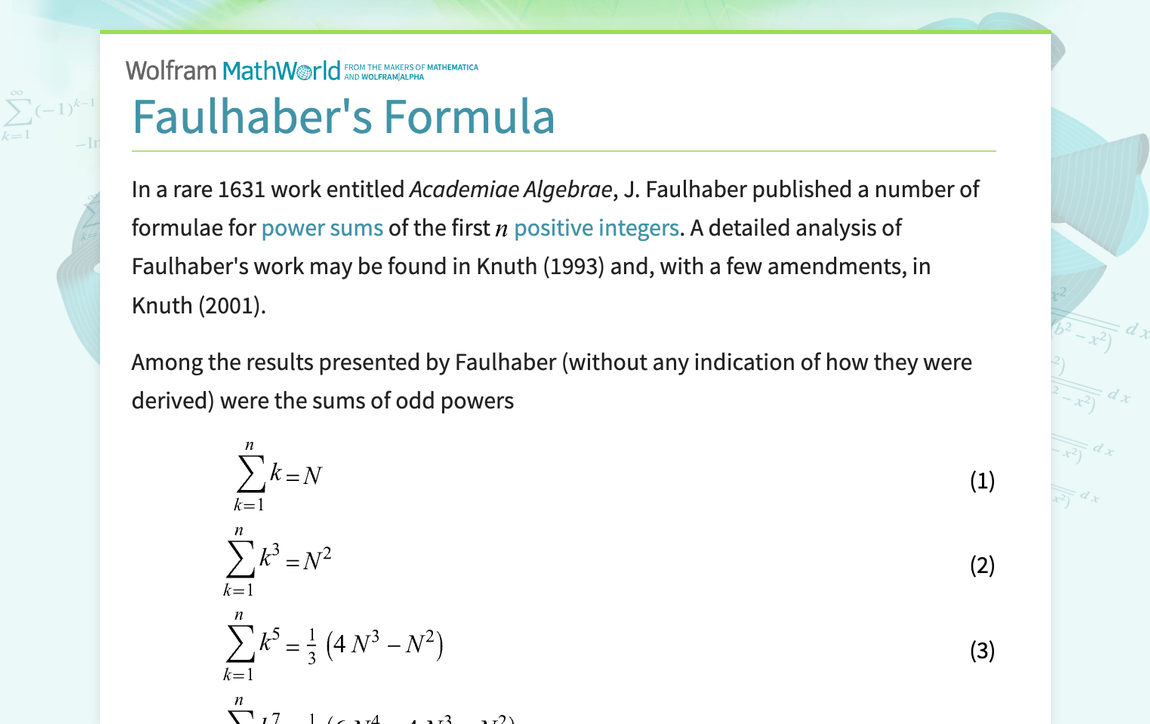 Faulhaber's Formula -- from Wolfram MathWorld