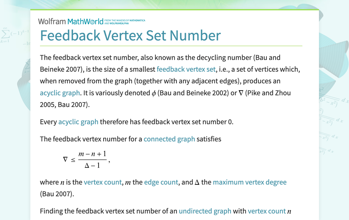 Feedback Vertex Set Number -- from Wolfram MathWorld