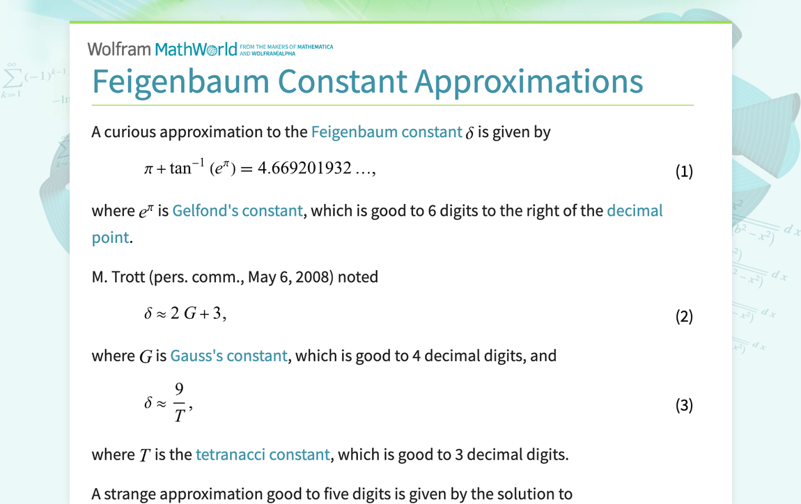 Feigenbaum Constant Approximations -- from Wolfram MathWorld