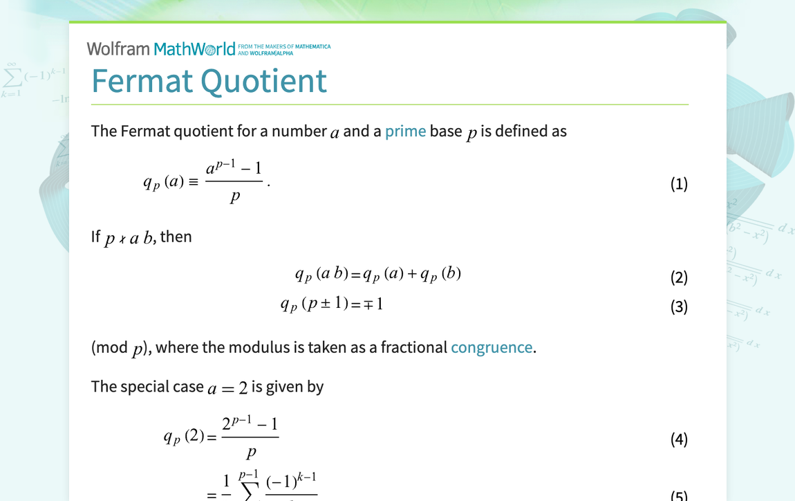 Fermat Quotient -- from Wolfram MathWorld