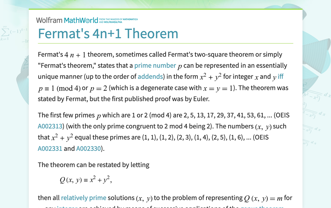 Fermat's 4n+1 Theorem -- from Wolfram MathWorld