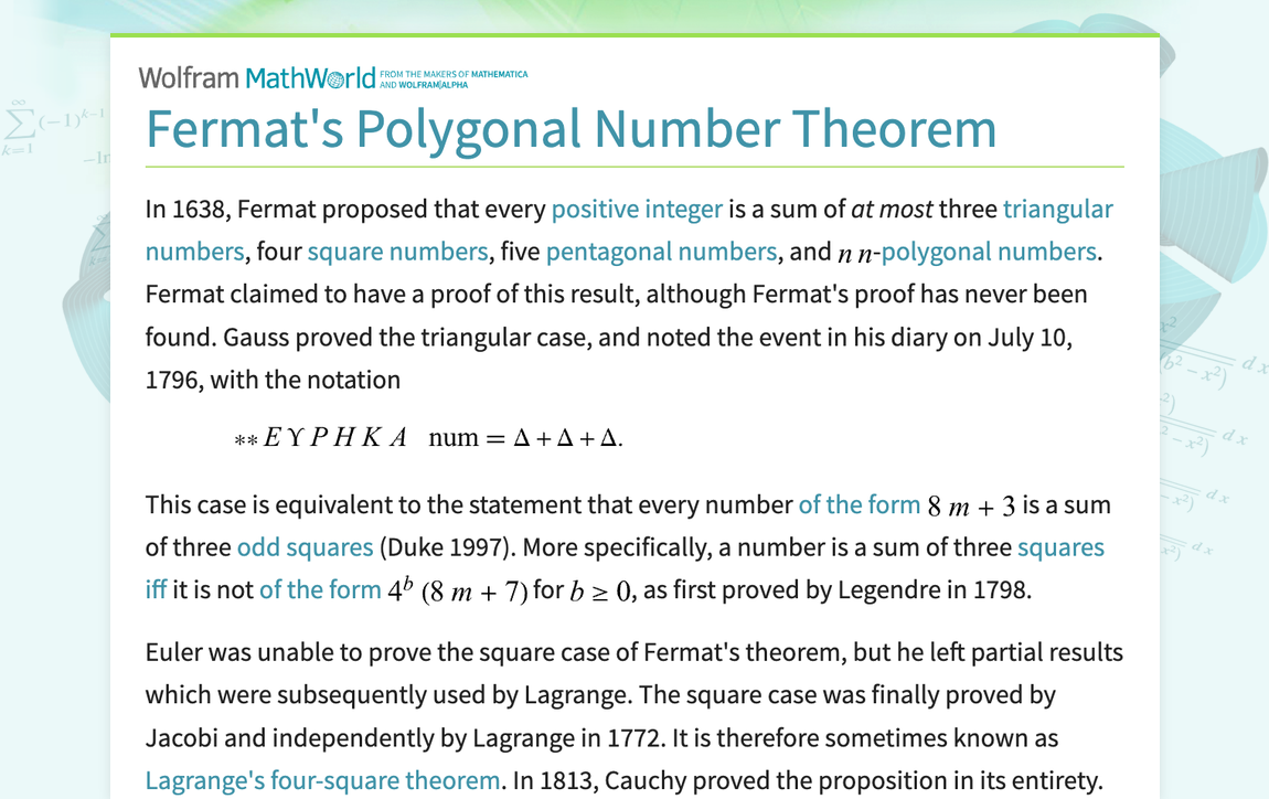 Fermat's Polygonal Number Theorem -- from Wolfram MathWorld