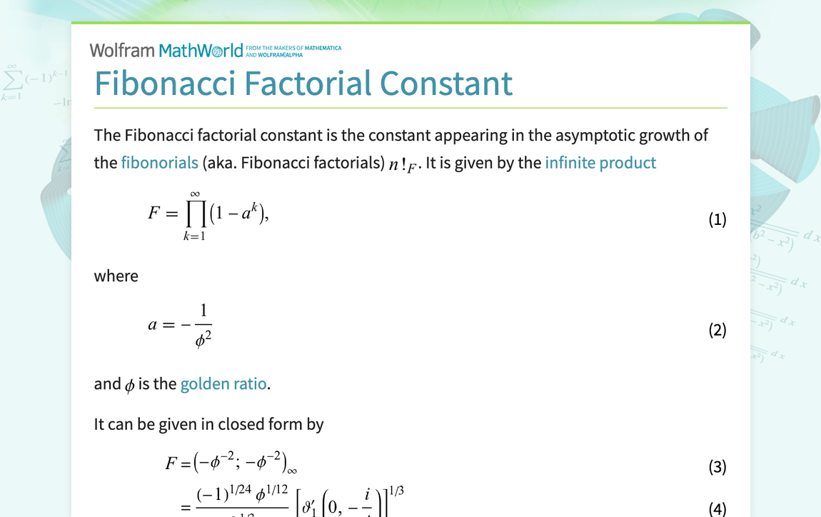 Fibonacci Factorial Constant From Wolfram Mathworld