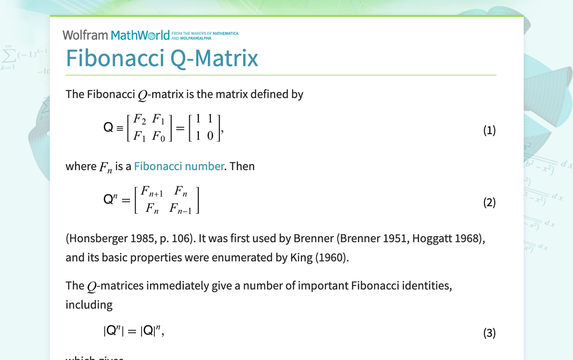 Fibonacci Q Matrix From Wolfram Mathworld