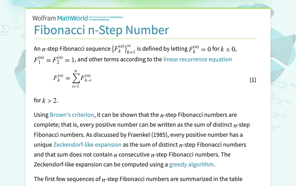Fibonacci N Step Number From Wolfram Mathworld